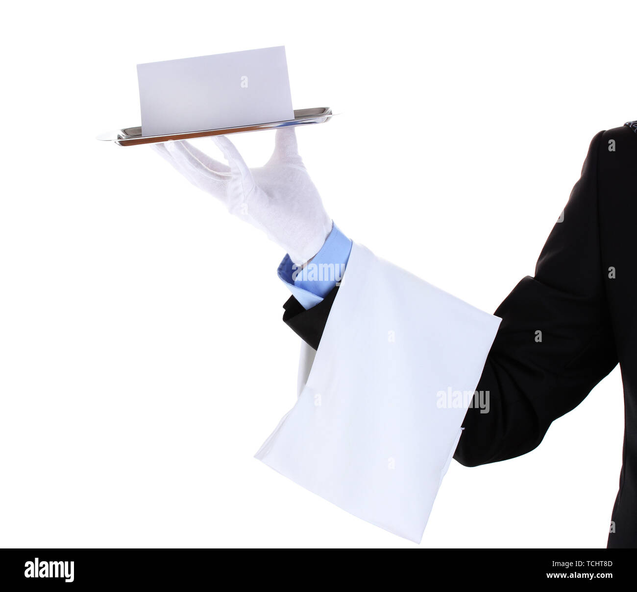 formal waiter with menu on a silver tray isolated on white Stock Photo ...
