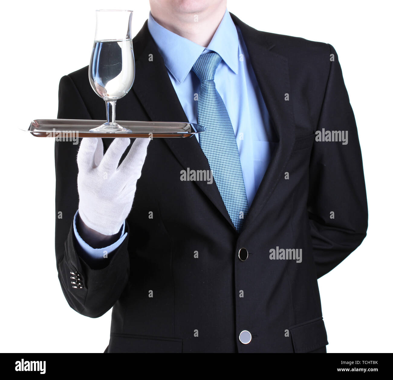 formal waiter with a glass of water on silver tray isolated on white ...
