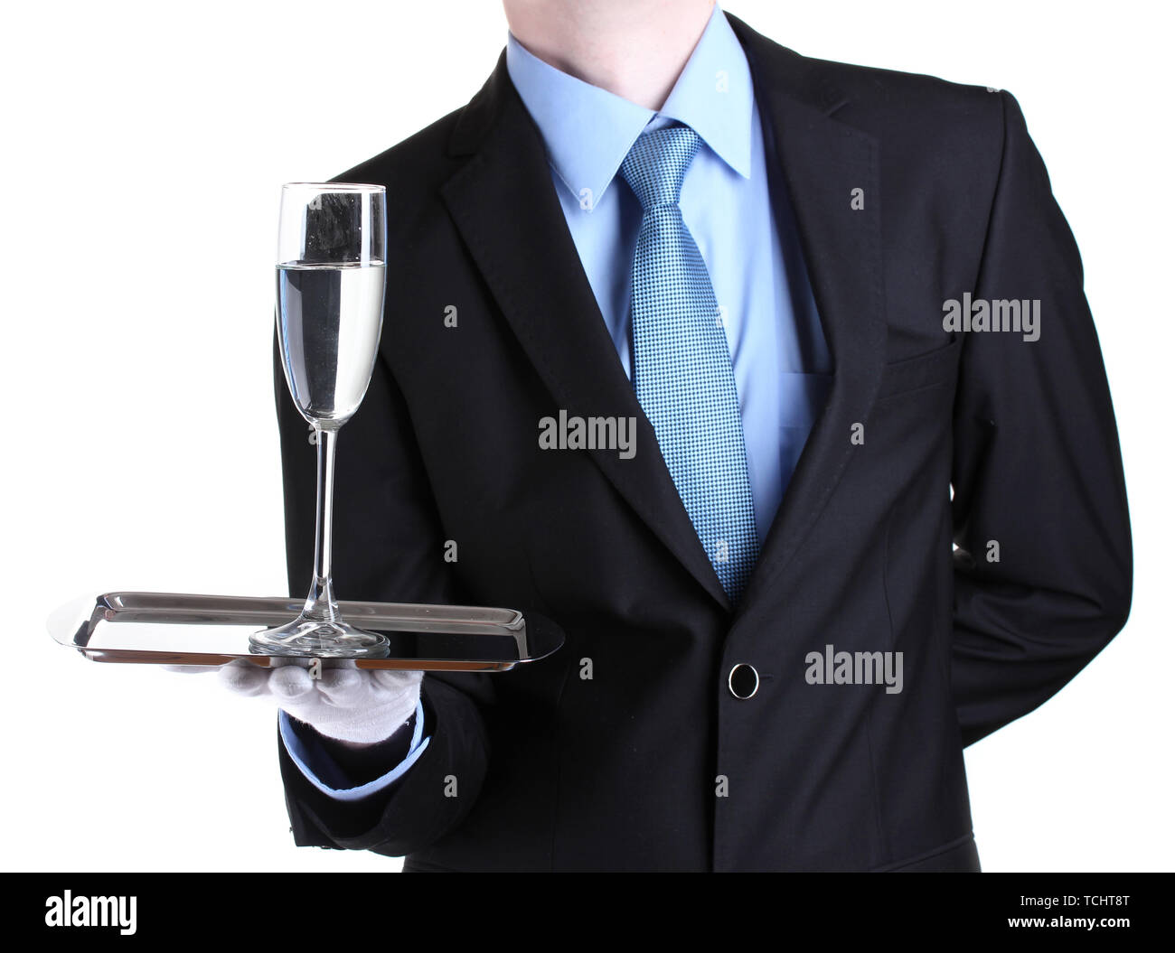 formal waiter with a glass of water on silver tray isolated on white ...