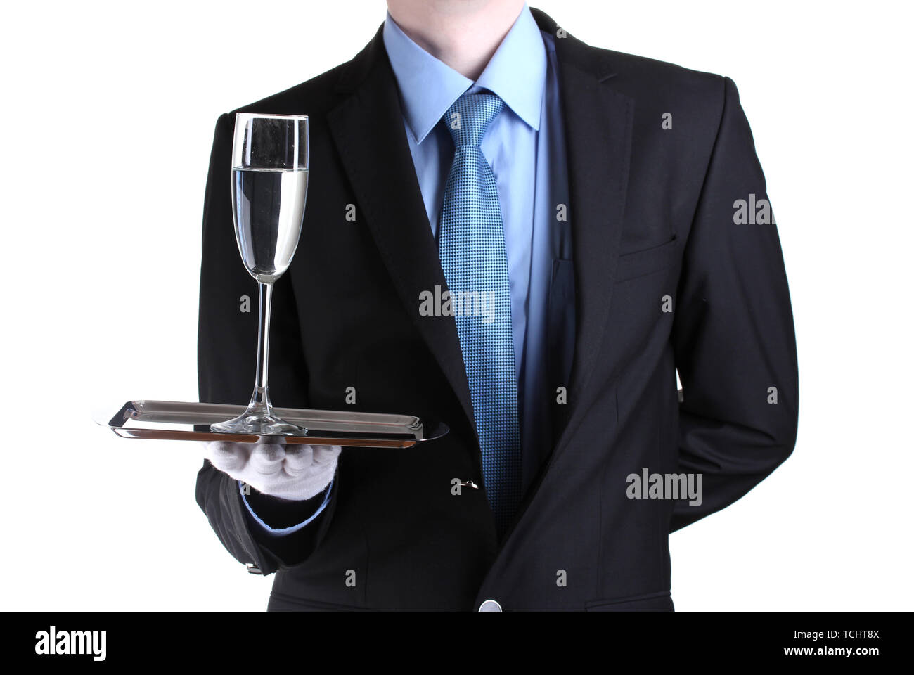 formal waiter with a glass of water on silver tray isolated on white ...