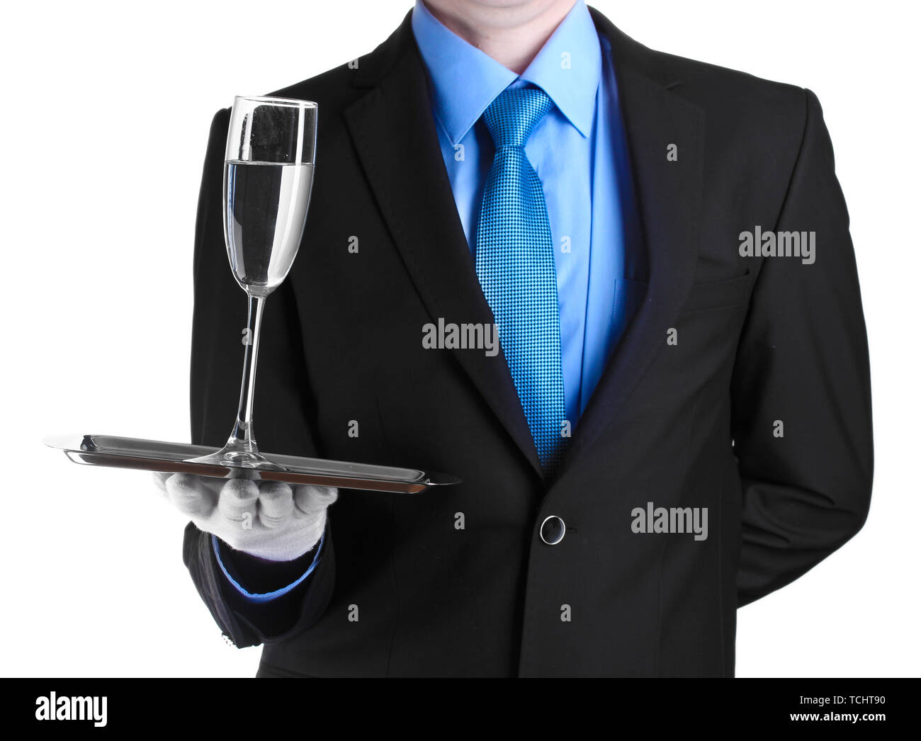 formal waiter with a glass of water on silver tray isolated on white ...