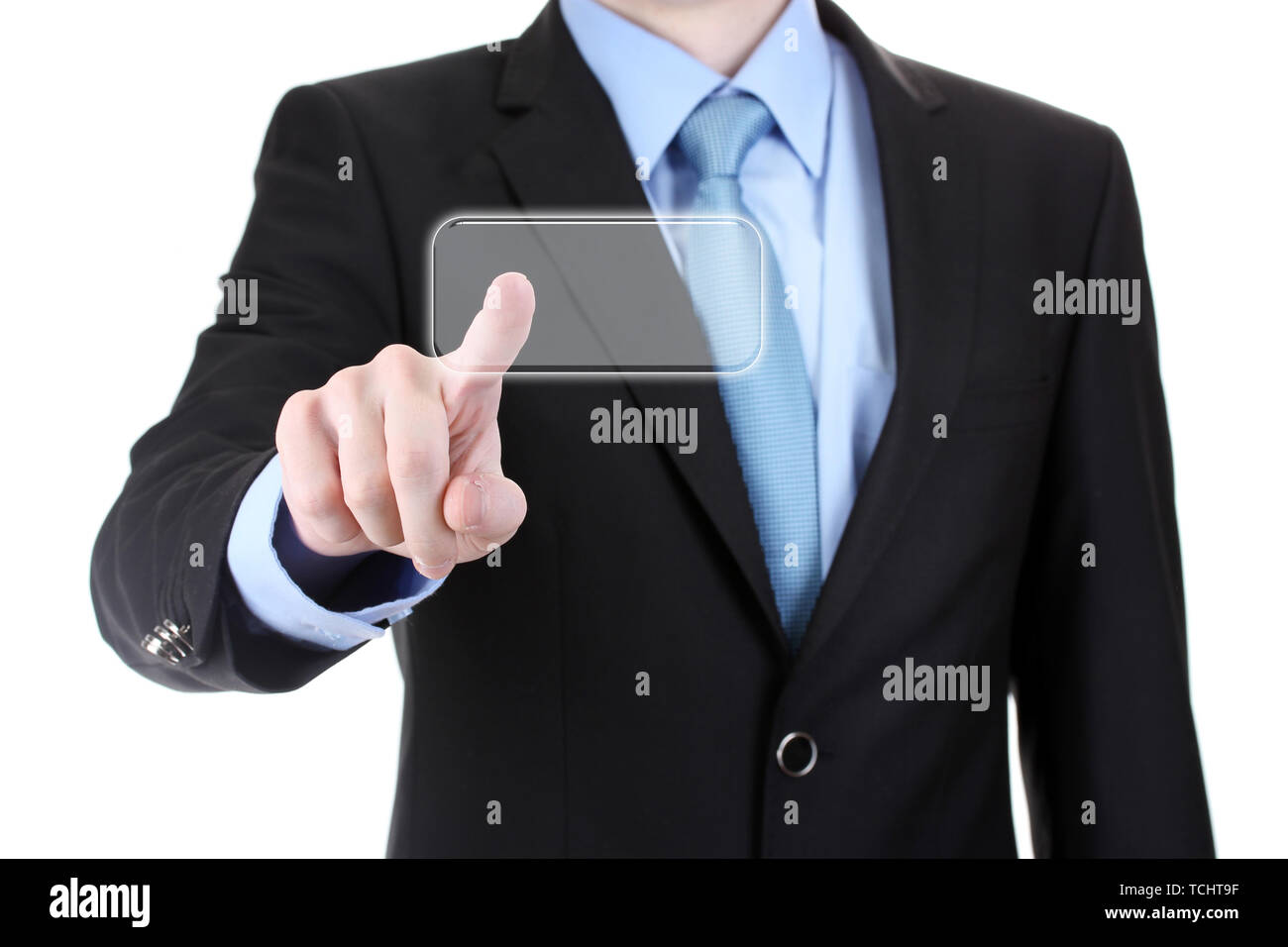 business man in suit pointing on screen isolated on white Stock Photo ...