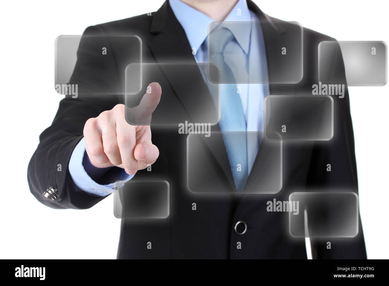 business man in suit pointing on screen isolated on white Stock Photo ...