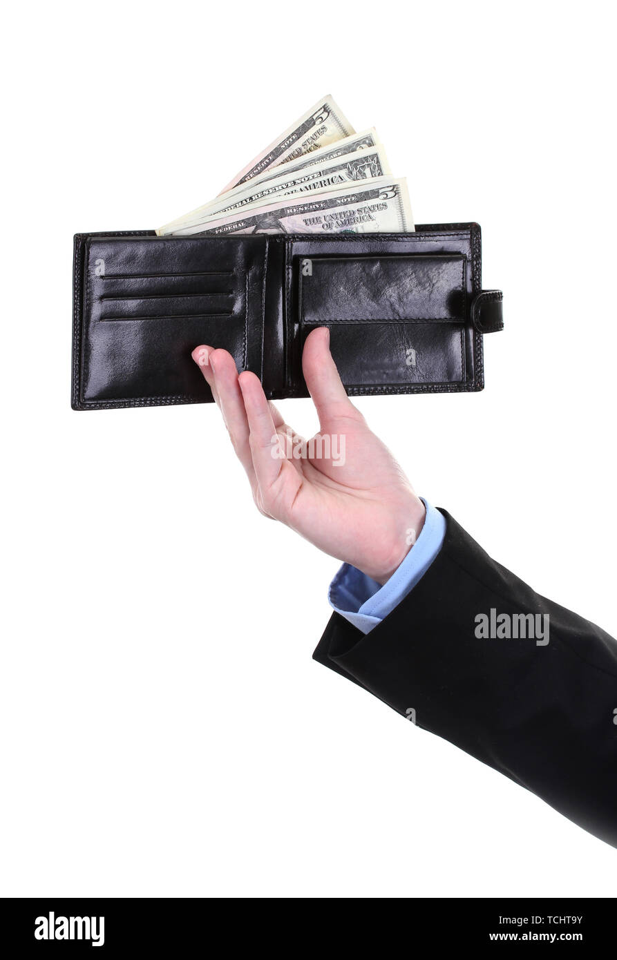 business man hand holding wallet isolated on white Stock Photo - Alamy