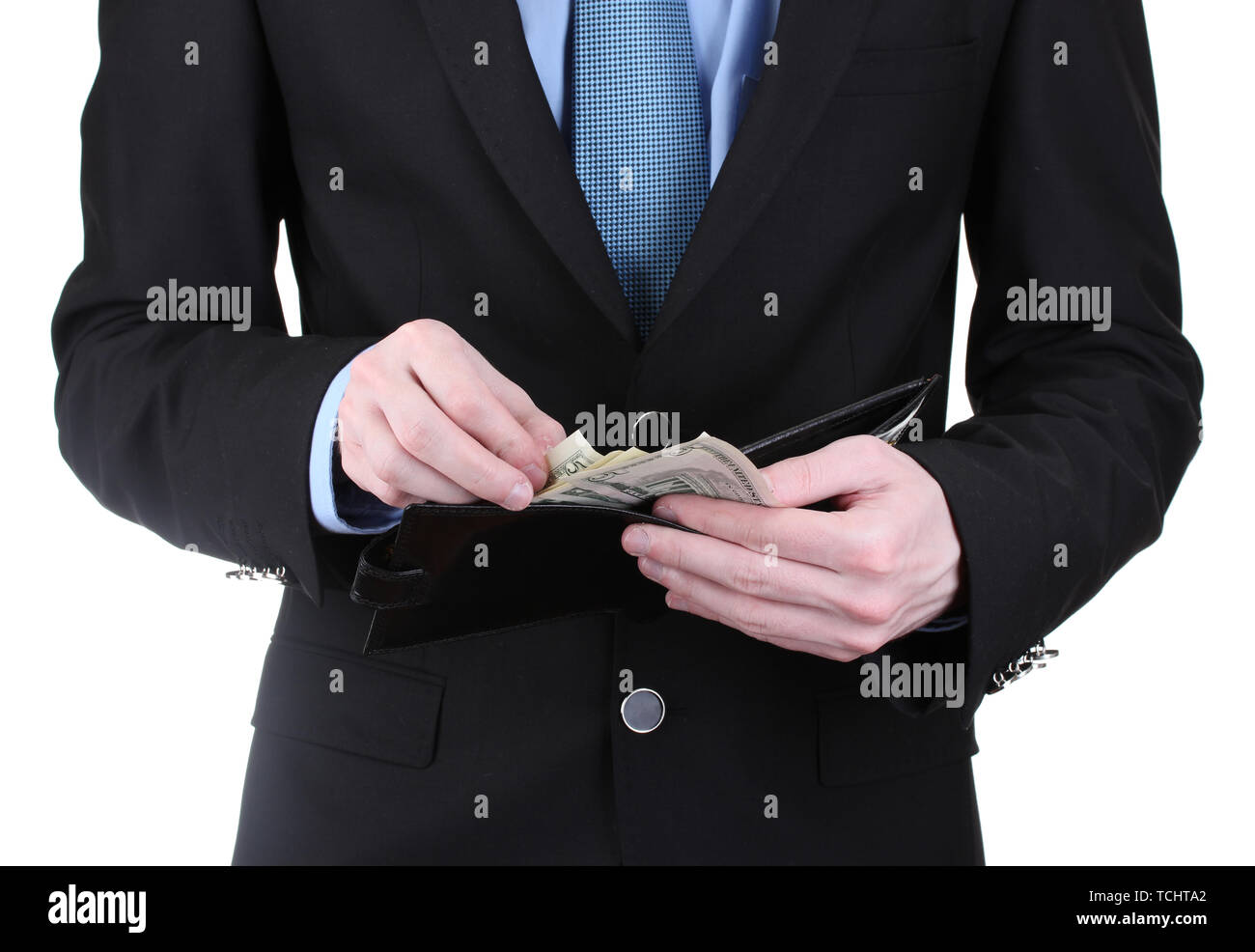 business man taking money in wallet isolated on white Stock Photo - Alamy