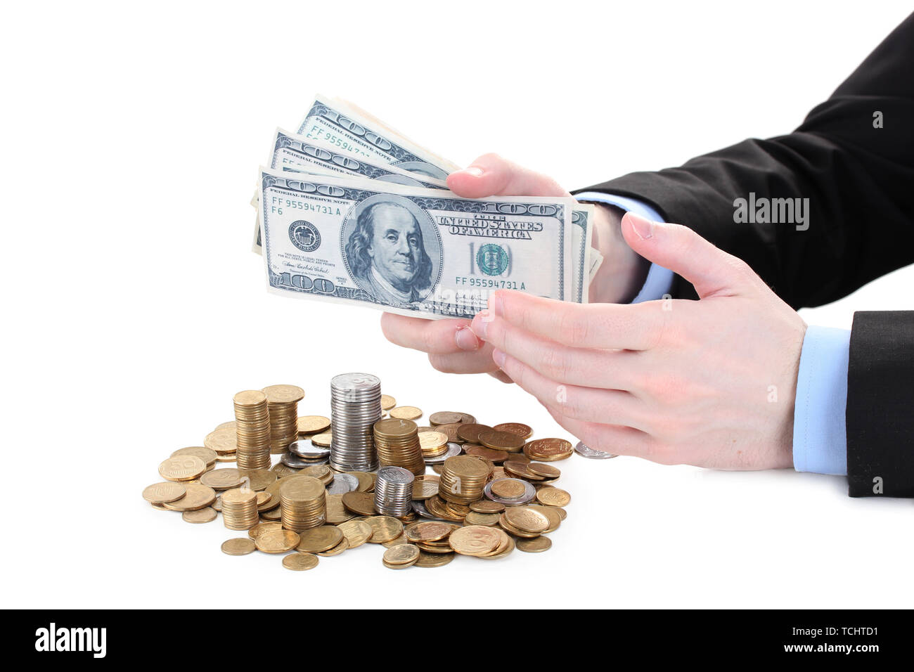business man taking money isolated on white Stock Photo - Alamy