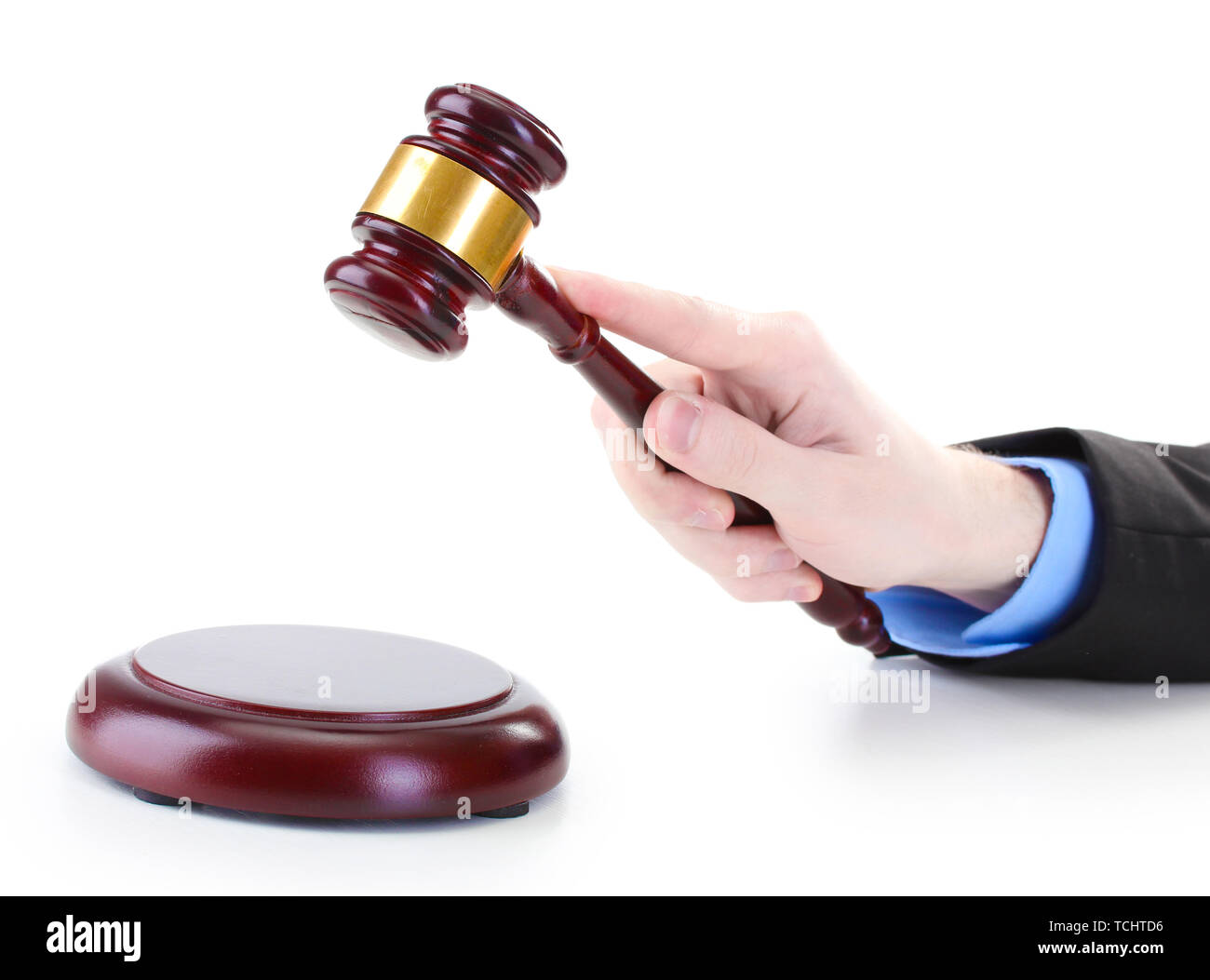 wooden gavel in hand isolated on white Stock Photo - Alamy