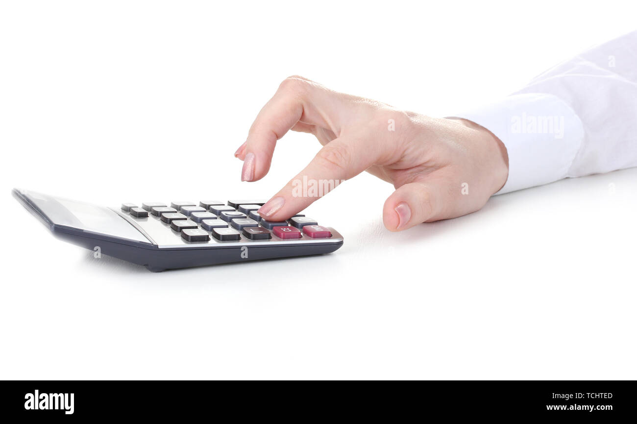 Woman using calculator Cut Out Stock Images & Pictures - Alamy