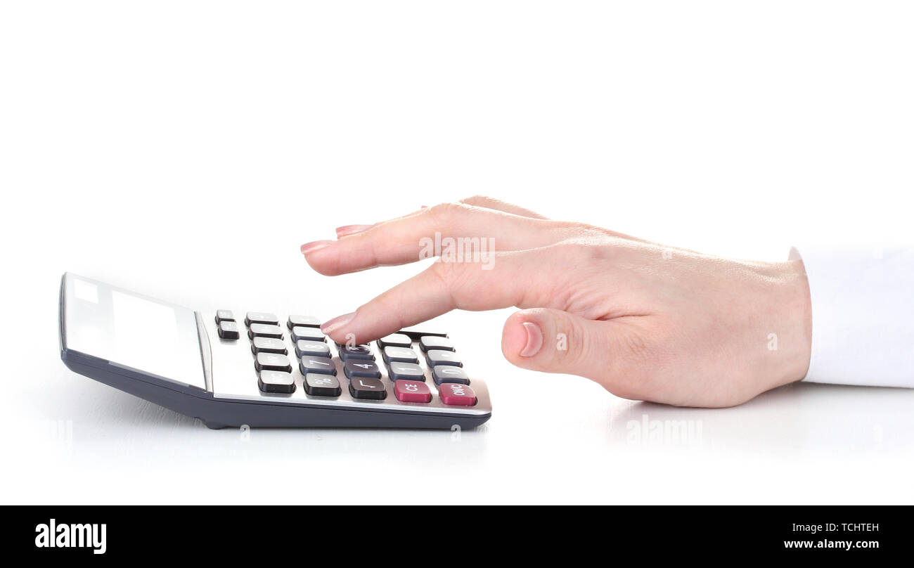 women hand and Calculator isolated on white Stock Photo - Alamy