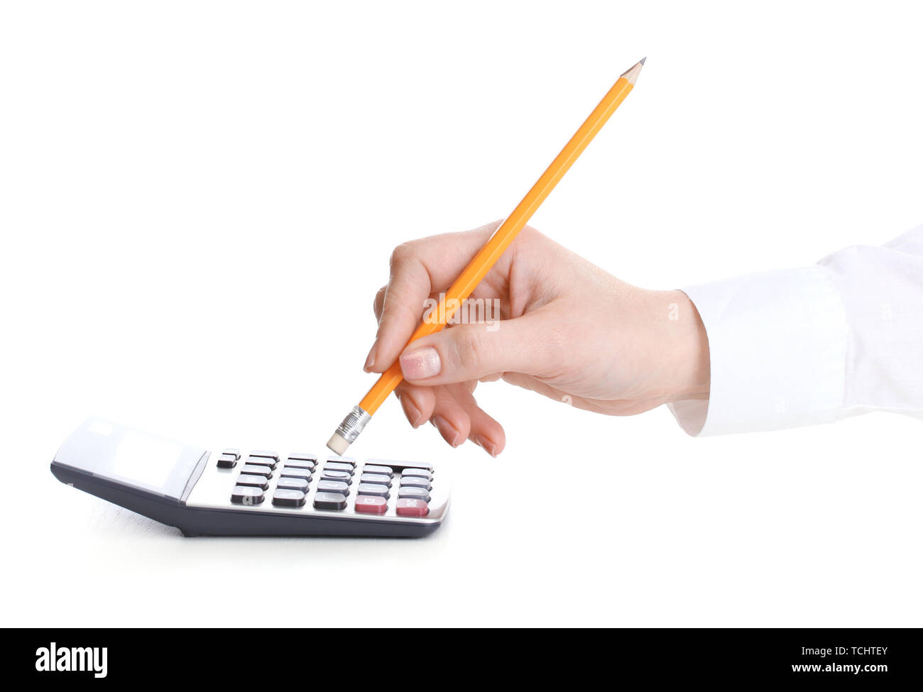 women hand and Calculator isolated on white Stock Photo - Alamy
