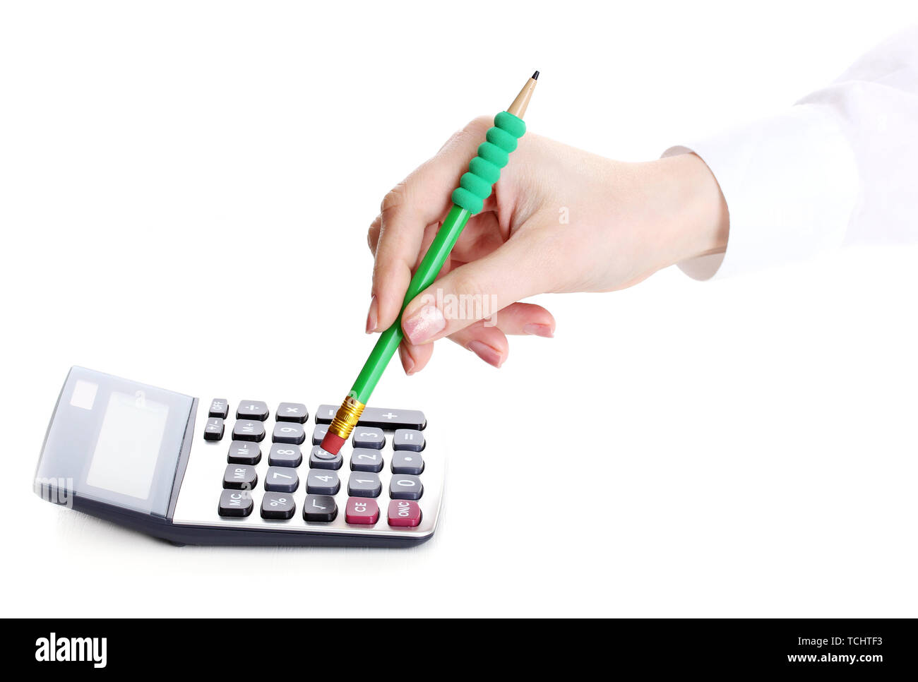 Woman using calculator Cut Out Stock Images & Pictures - Alamy