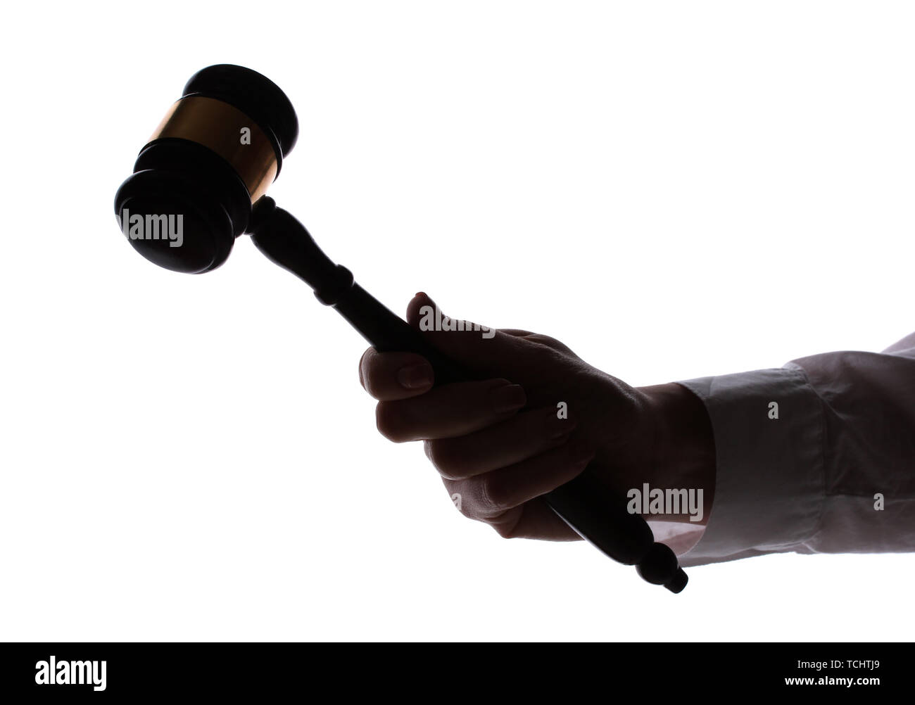 silhouette of woman's hand with gavel isolated on white Stock Photo - Alamy