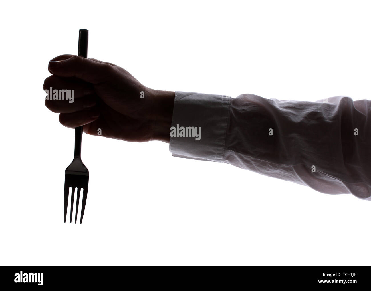 silhouette of woman's hand with fork isolated on white Stock Photo - Alamy