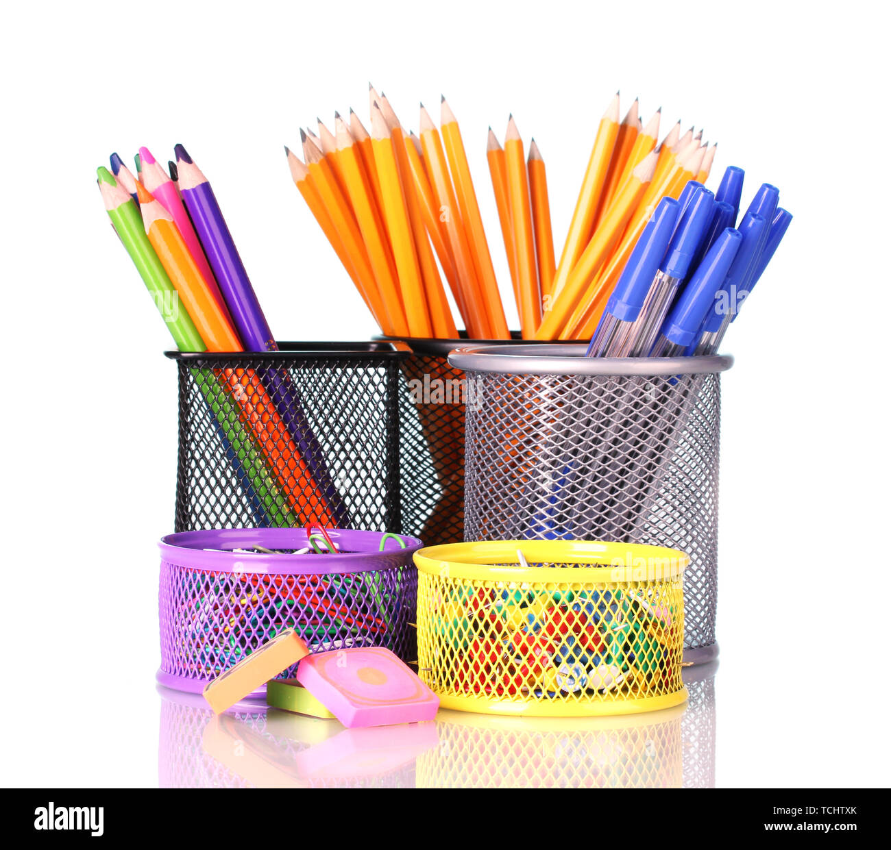 Color holders for office supplies with them on bright background Stock ...