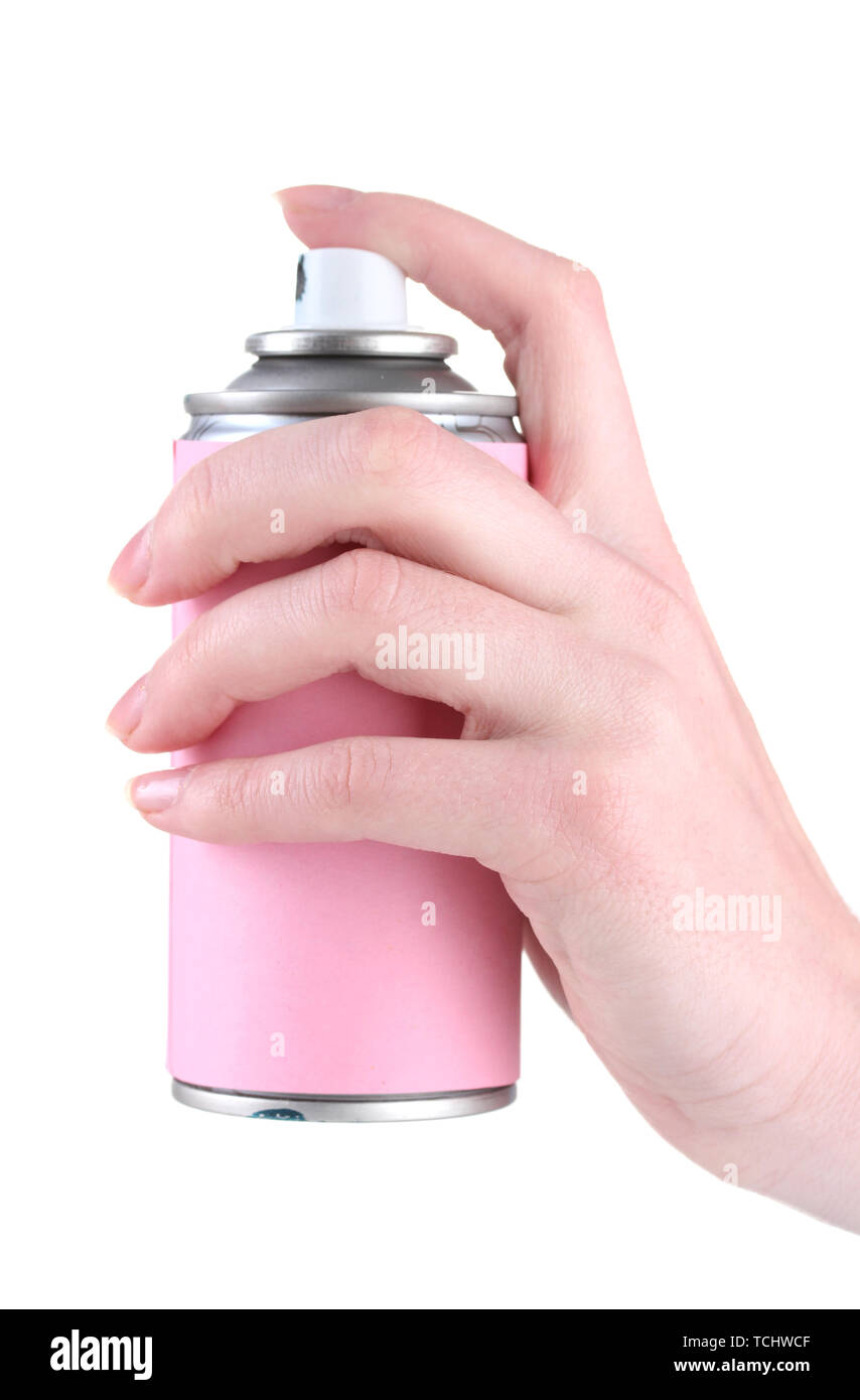 human hand holding a aerosol can isolated on white Stock Photo - Alamy