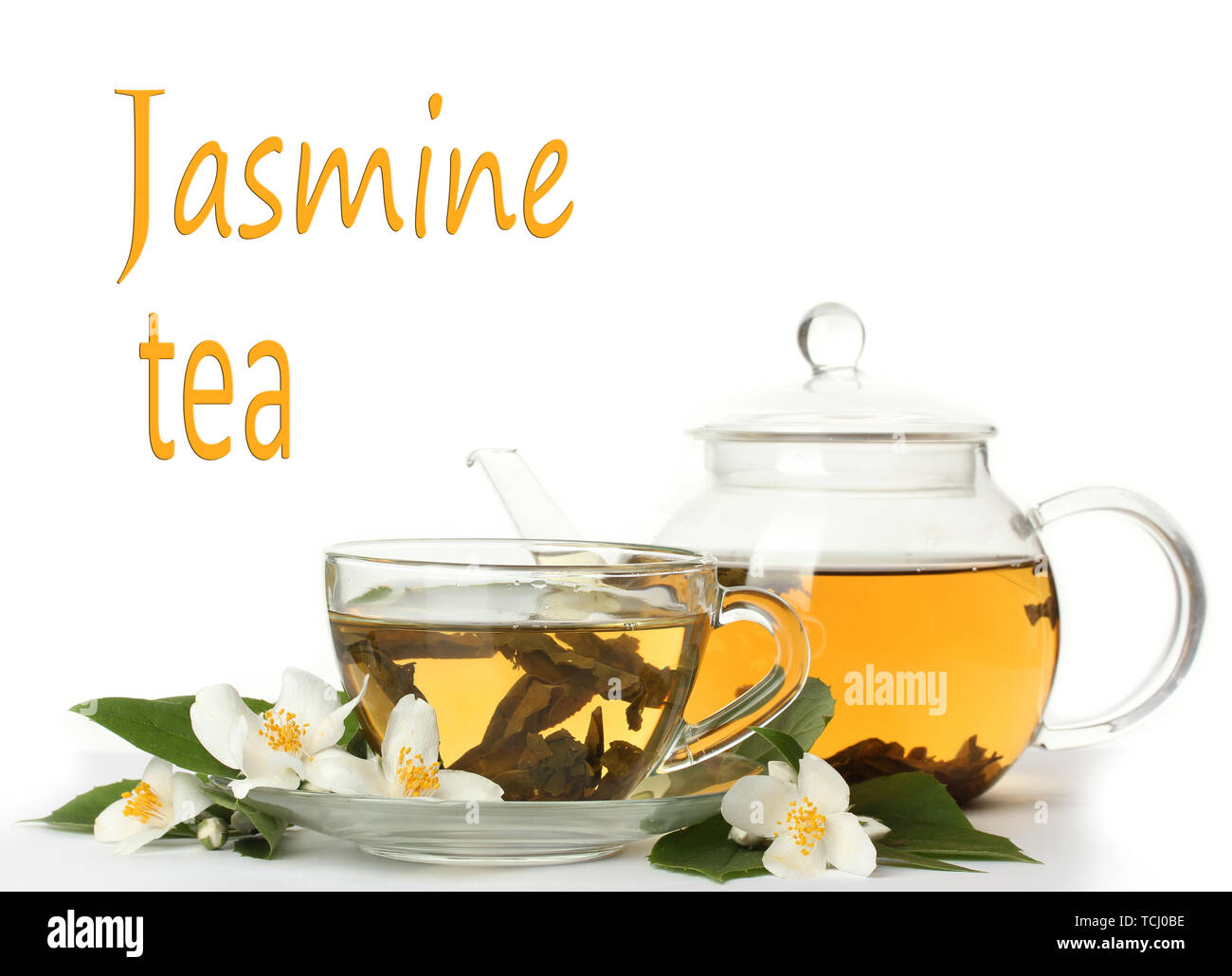 Green tea with jasmine in cup and teapot isolated on white Stock Photo ...
