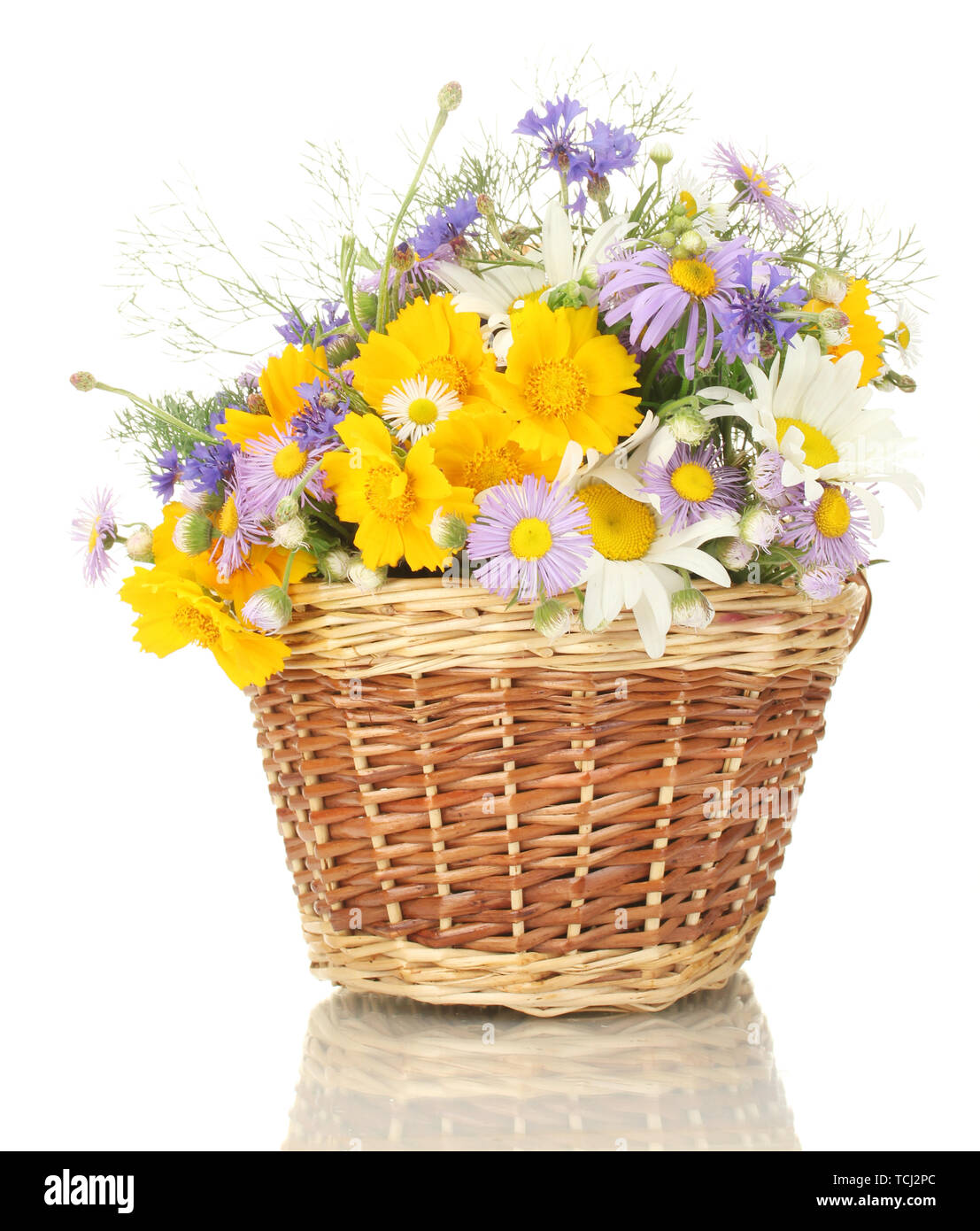 beautiful bouquet of bright wildflowers in basket, isolated on white ...