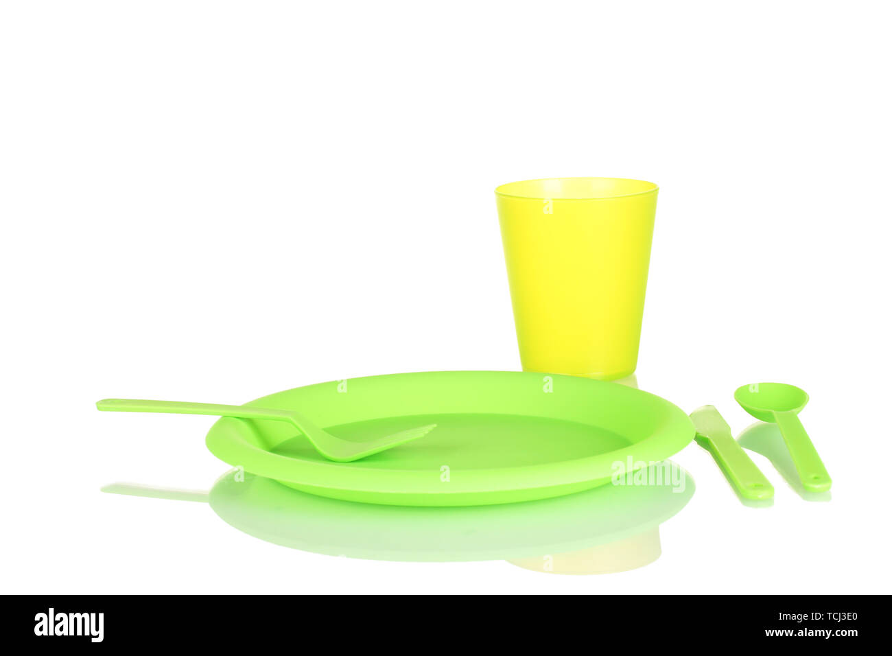 bright plastic disposable tableware isolated on white background Stock ...
