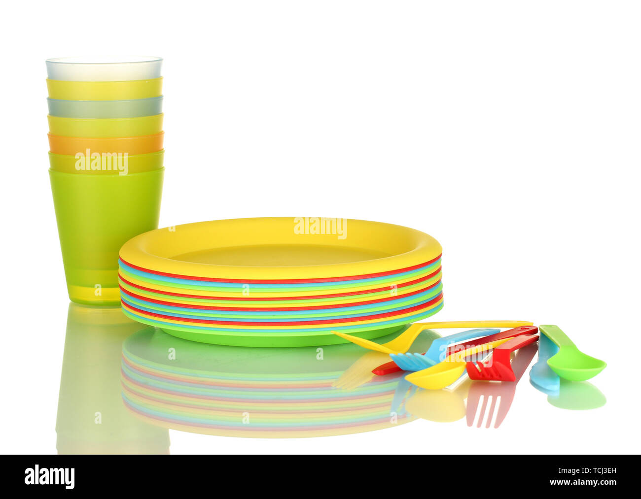 bright plastic disposable tableware isolated on white background Stock ...