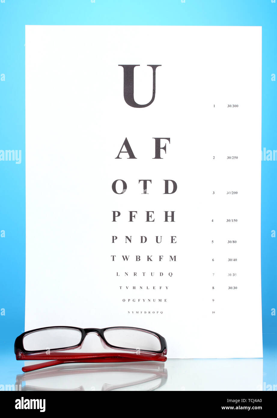 Eyesight test chart with glasses on blue background close-up Stock ...