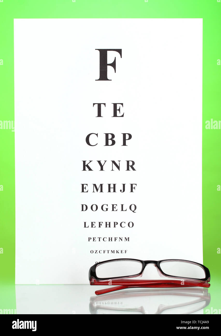 Eyesight test chart with glasses on green background close-up Stock ...