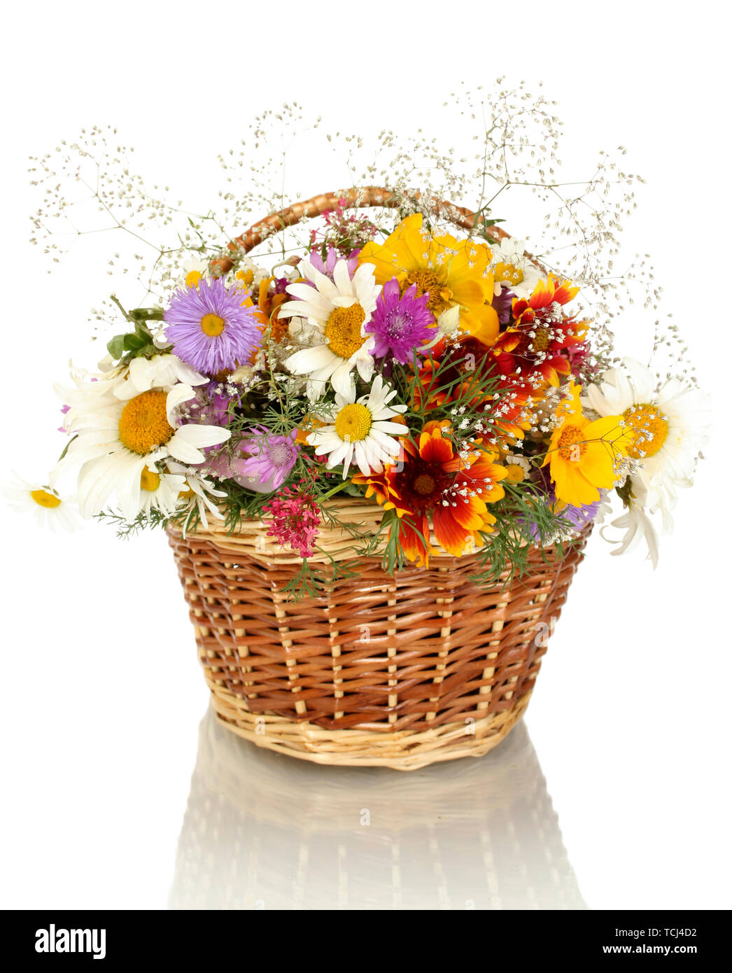 beautiful bouquet of bright wildflowers in basket, isolated on white ...