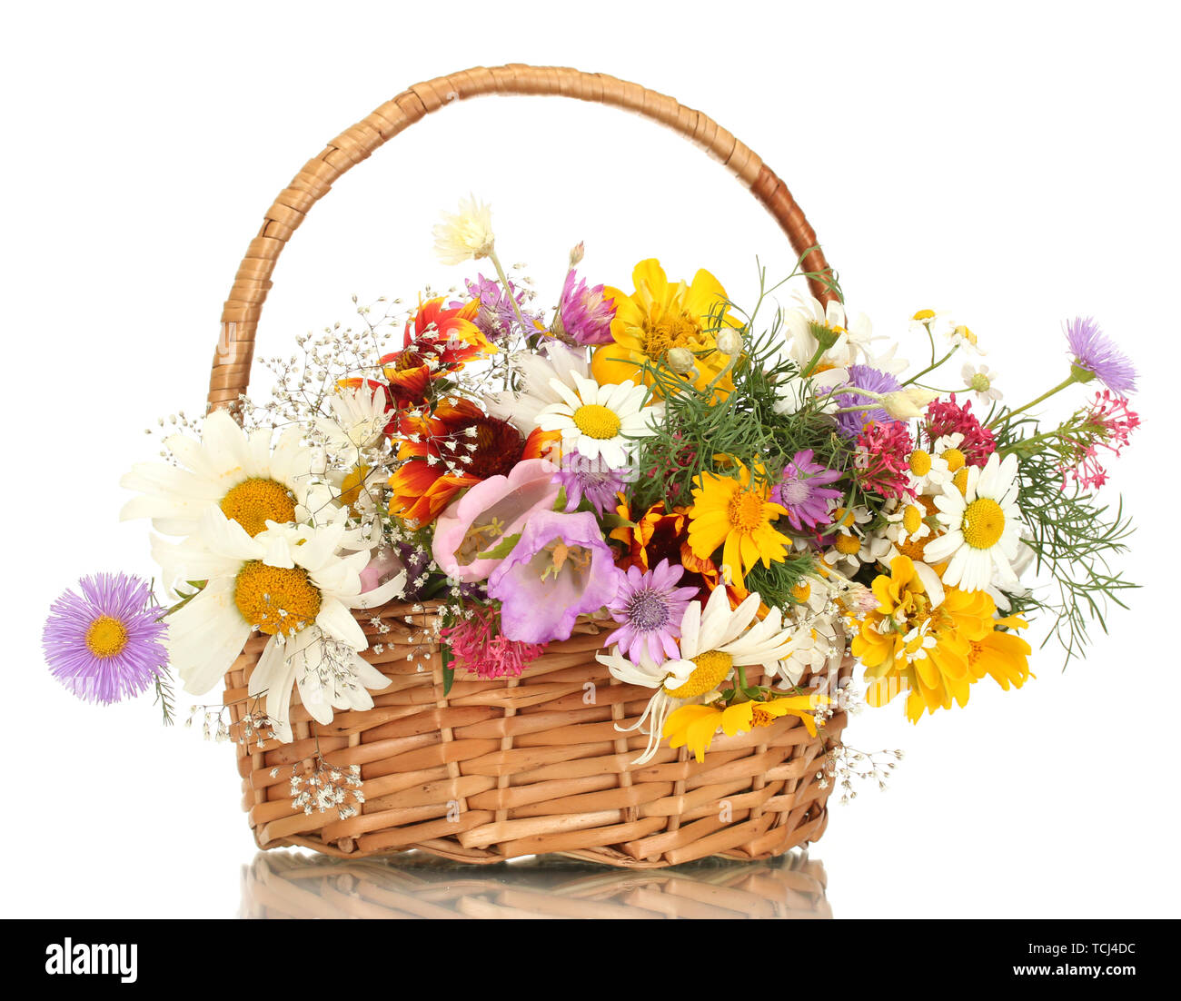 beautiful bouquet of bright wildflowers in basket, isolated on white ...