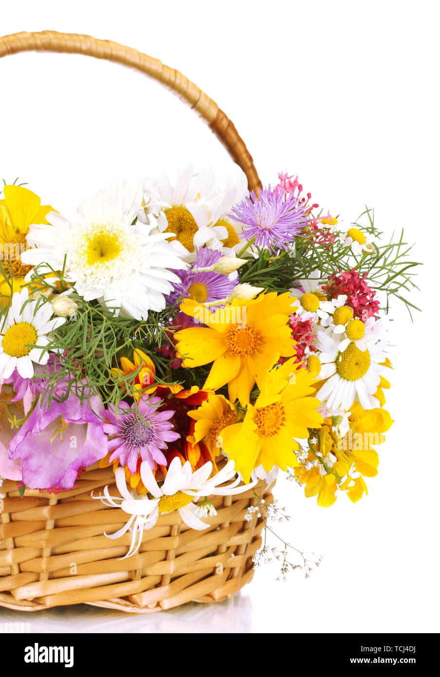 beautiful bouquet of bright wildflowers in basket, isolated on white ...