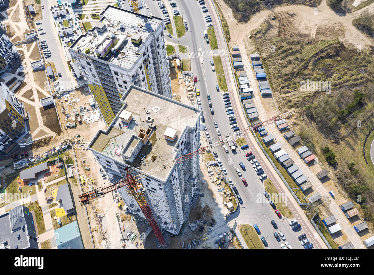 aerial top view of city construction site. construction of new modern ...