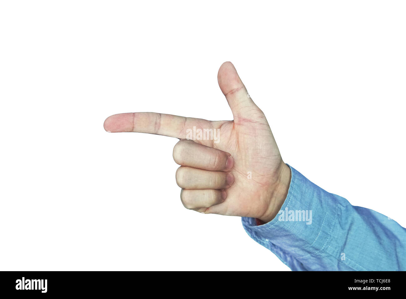 Closeup of male hand pointing. Isolated on white background. fingers ...