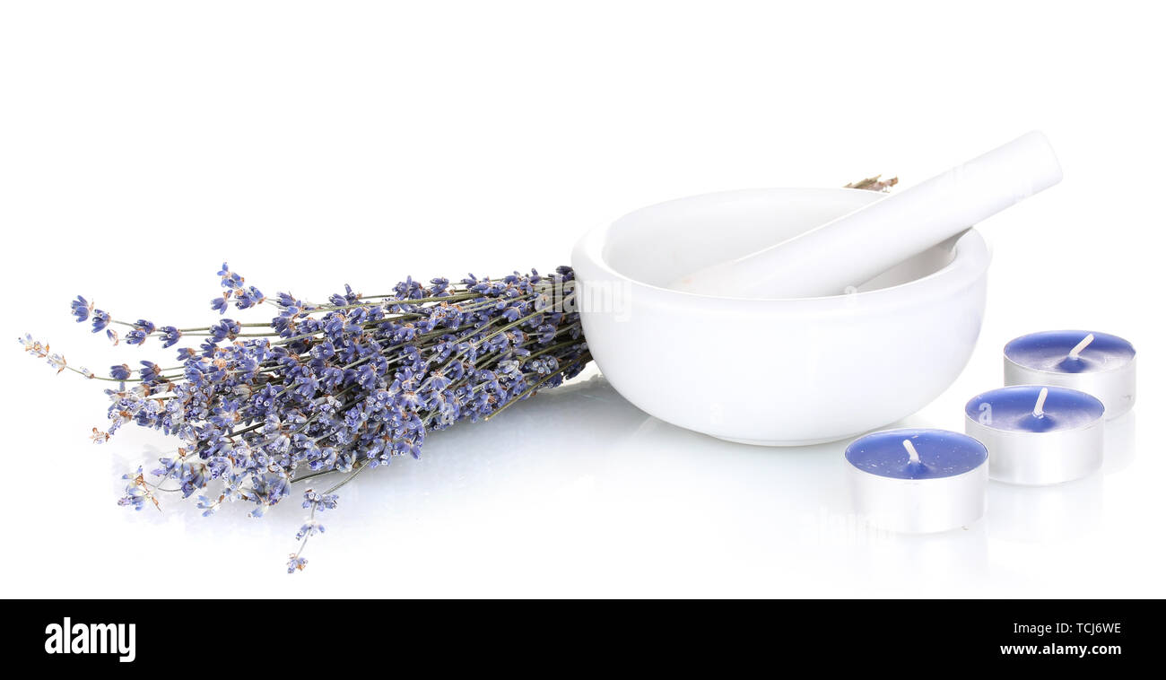Lavender flowers with mortar and candles isolated on white Stock Photo - Alamy