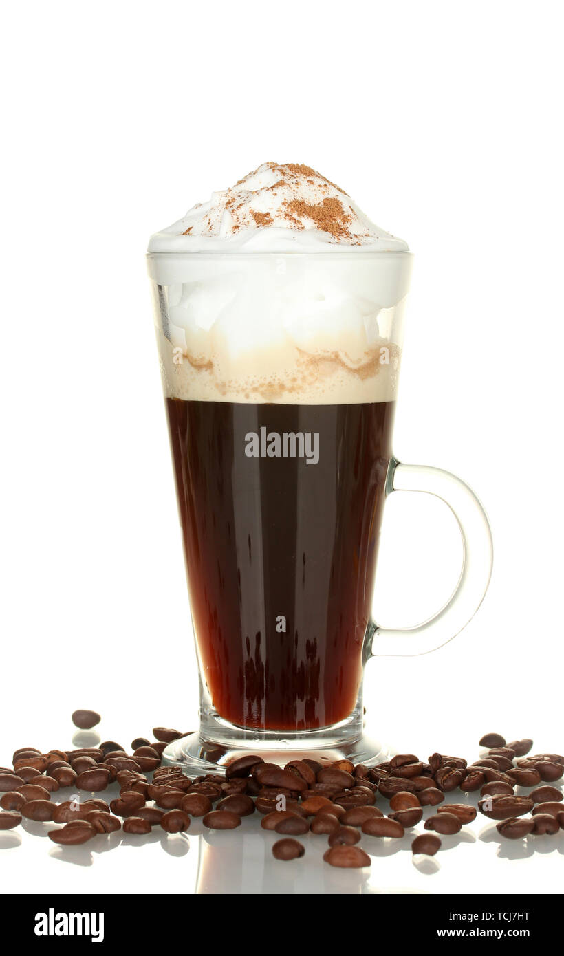glass of coffee cocktail with coffee beans on white background close-up ...