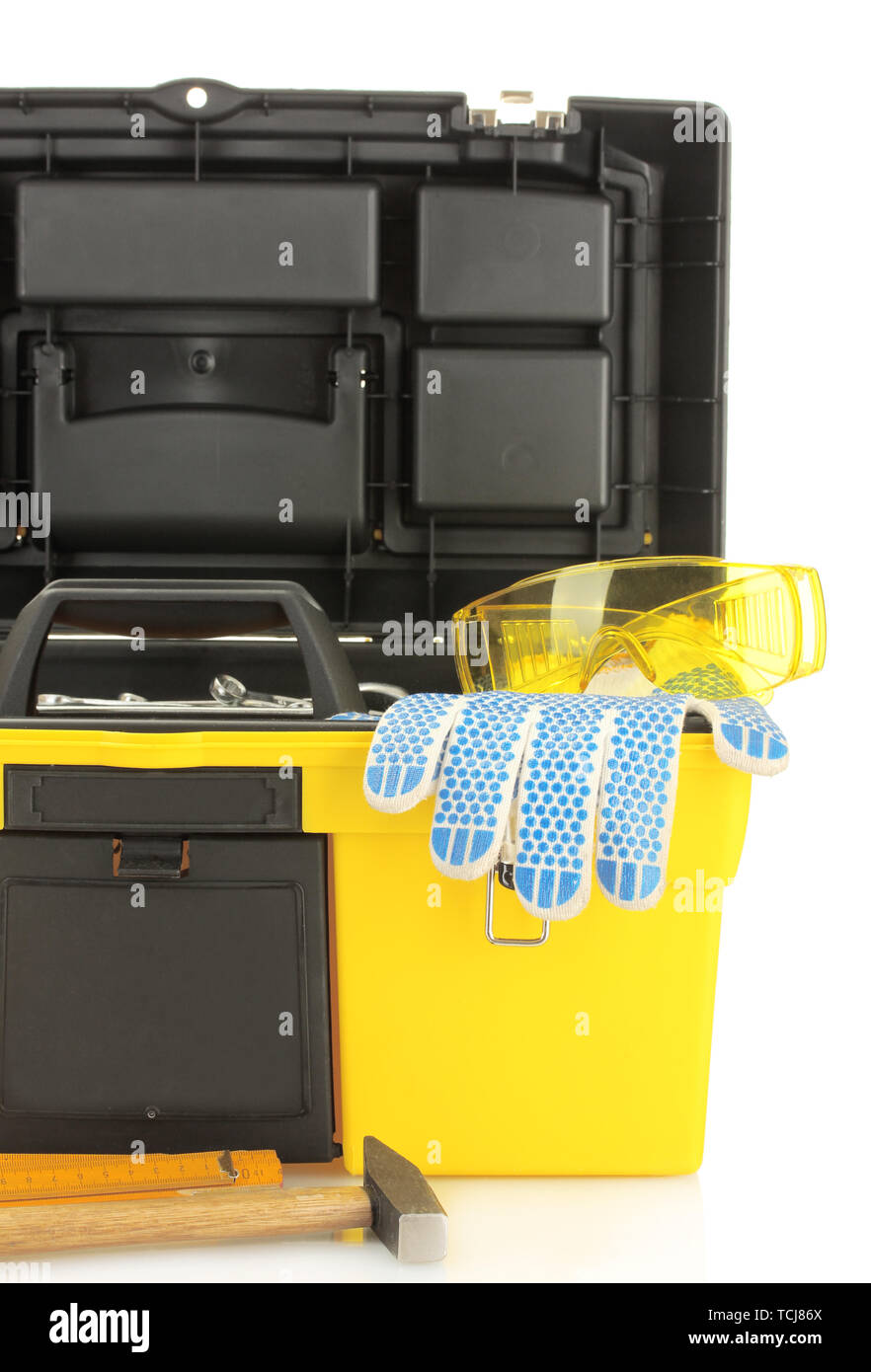 Open yellow tool box with tools on white background close-up Stock ...