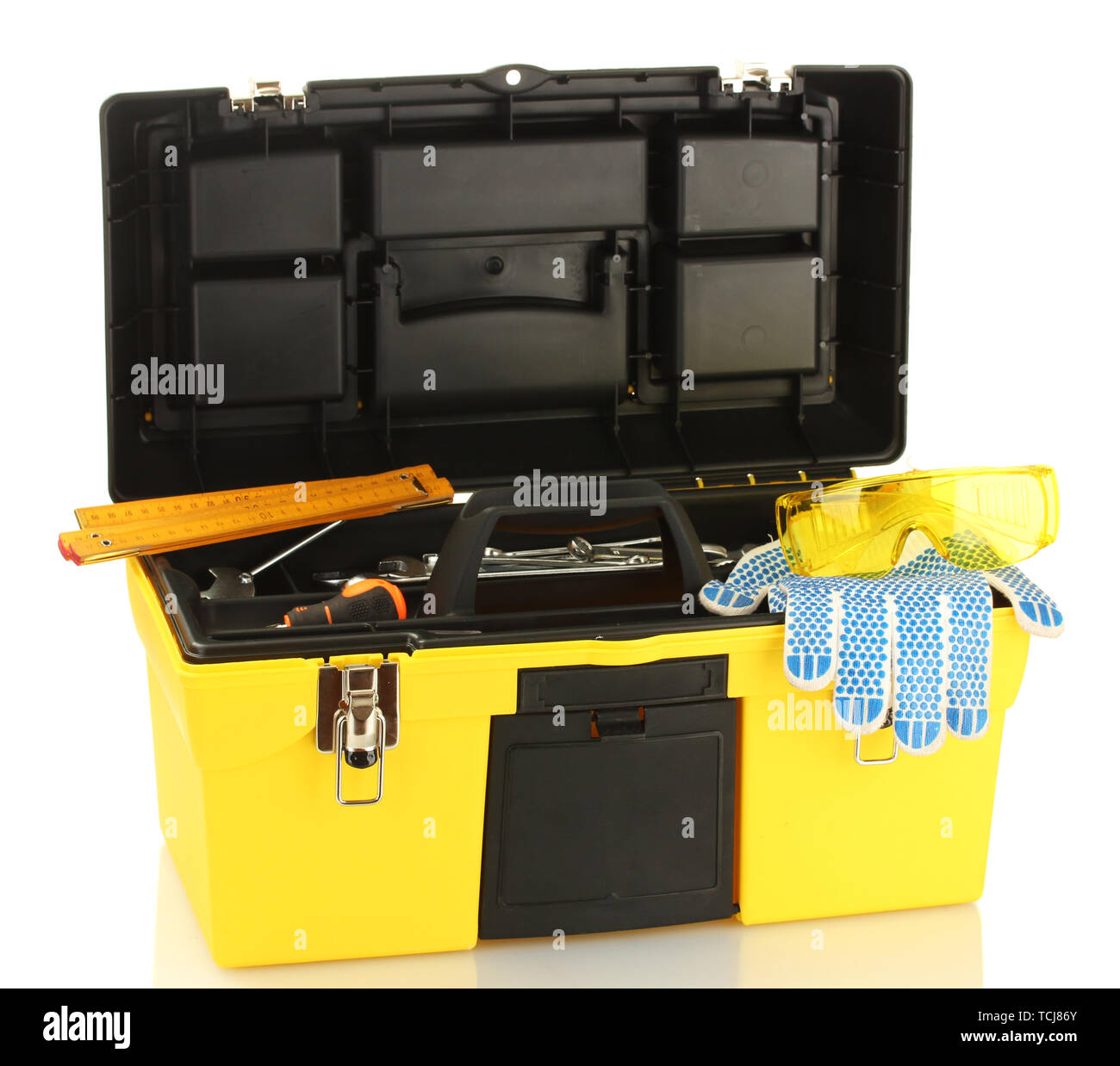 Open yellow tool box with tools isolated on white background Stock ...