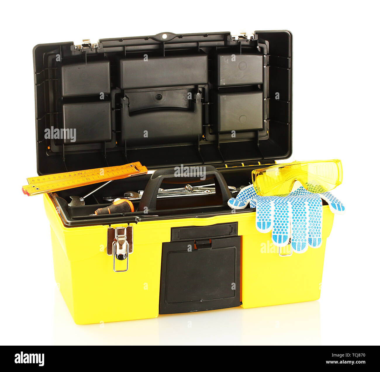 Open yellow tool box with tools isolated on white background Stock ...