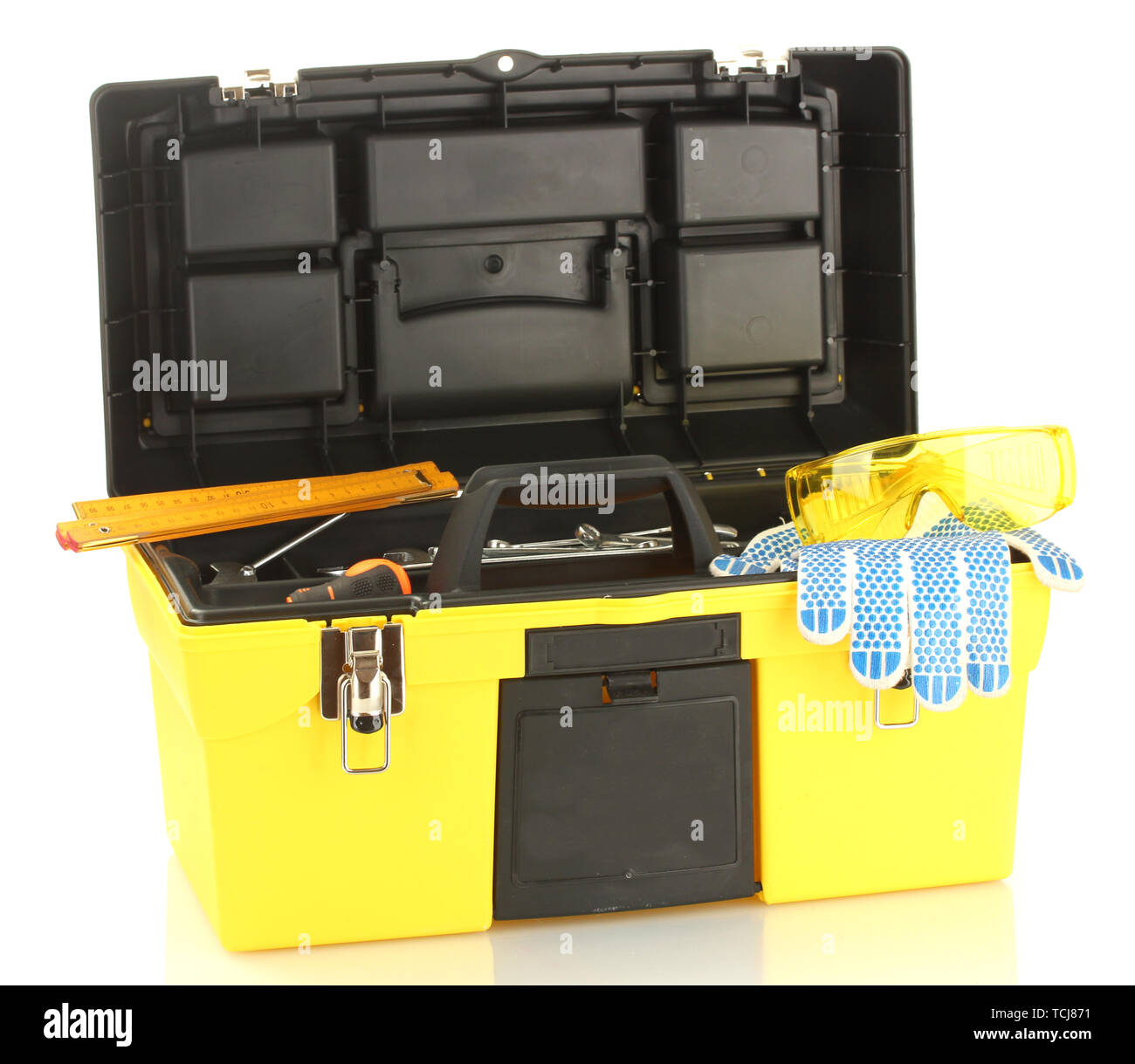 Open yellow tool box with tools isolated on white background Stock ...