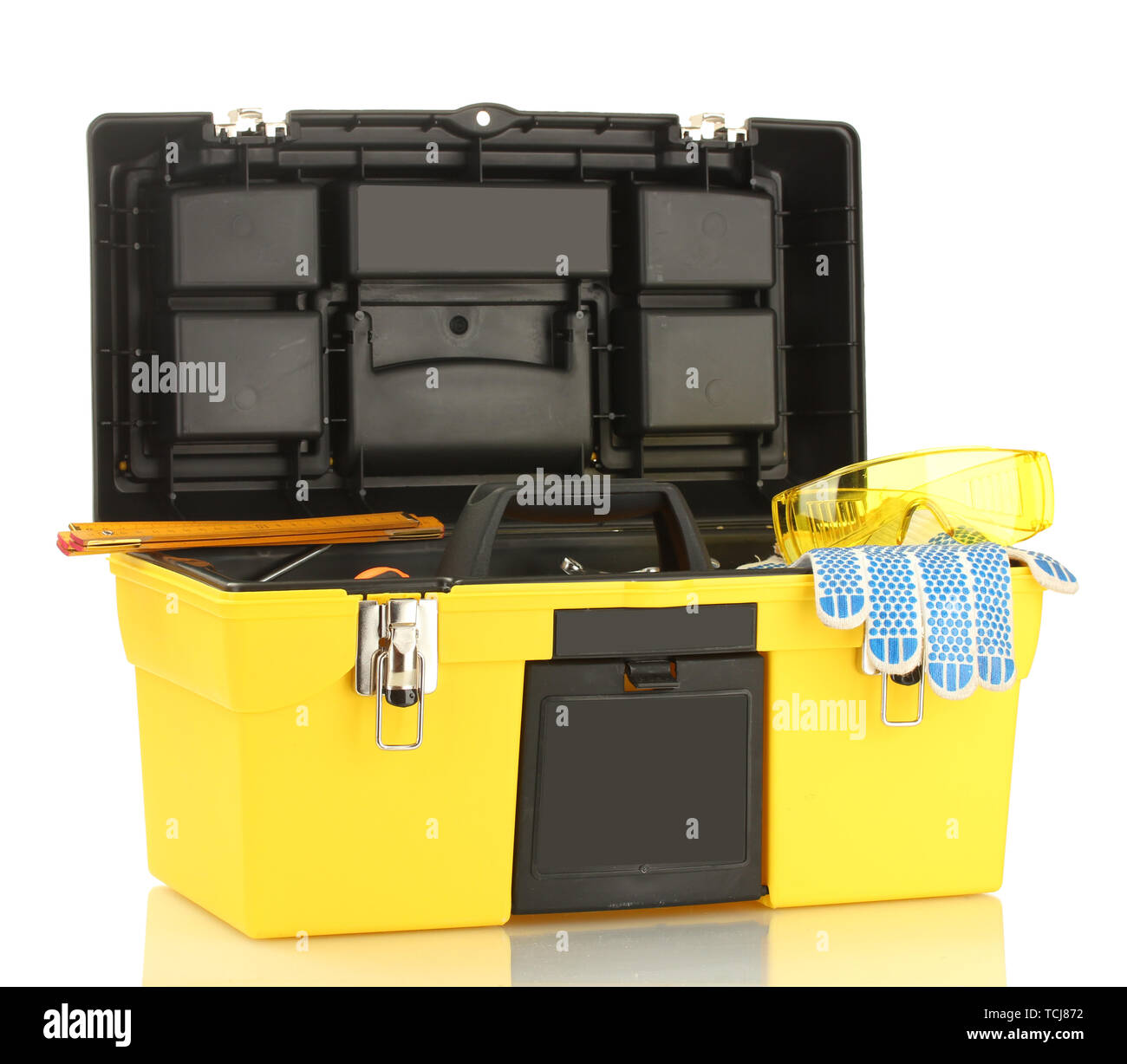 Open yellow tool box with tools isolated on white background Stock ...