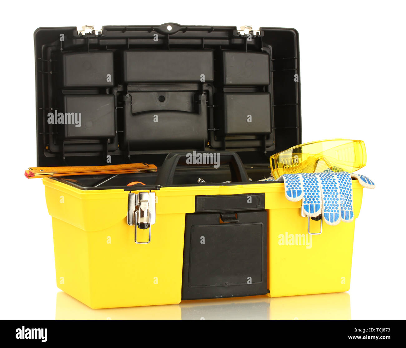 Open yellow tool box with tools isolated on white background Stock ...