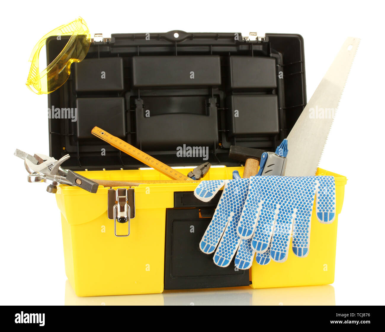 Open yellow tool box with tools isolated on white background Stock ...