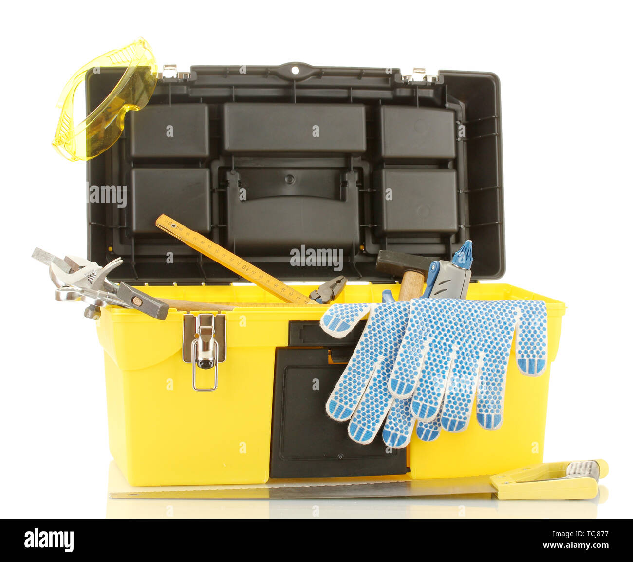 Open yellow tool box with tools isolated on white background Stock ...