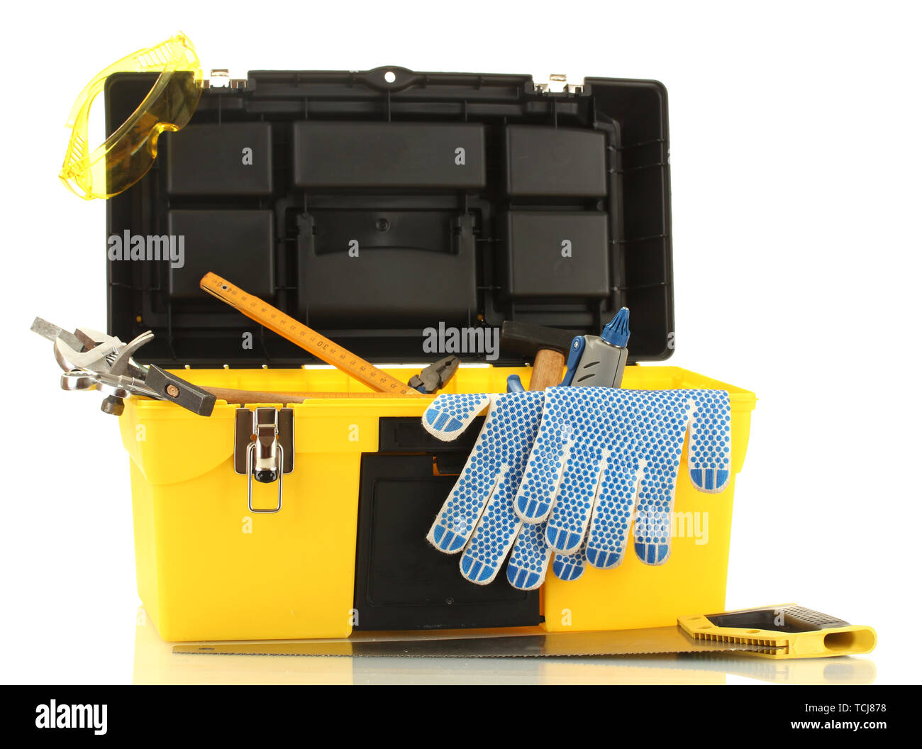 Open yellow tool box with tools isolated on white background Stock ...