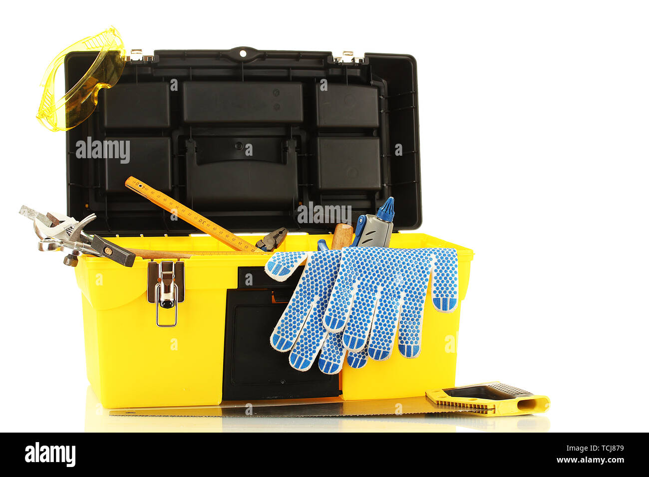 Open yellow tool box with tools isolated on white background Stock ...