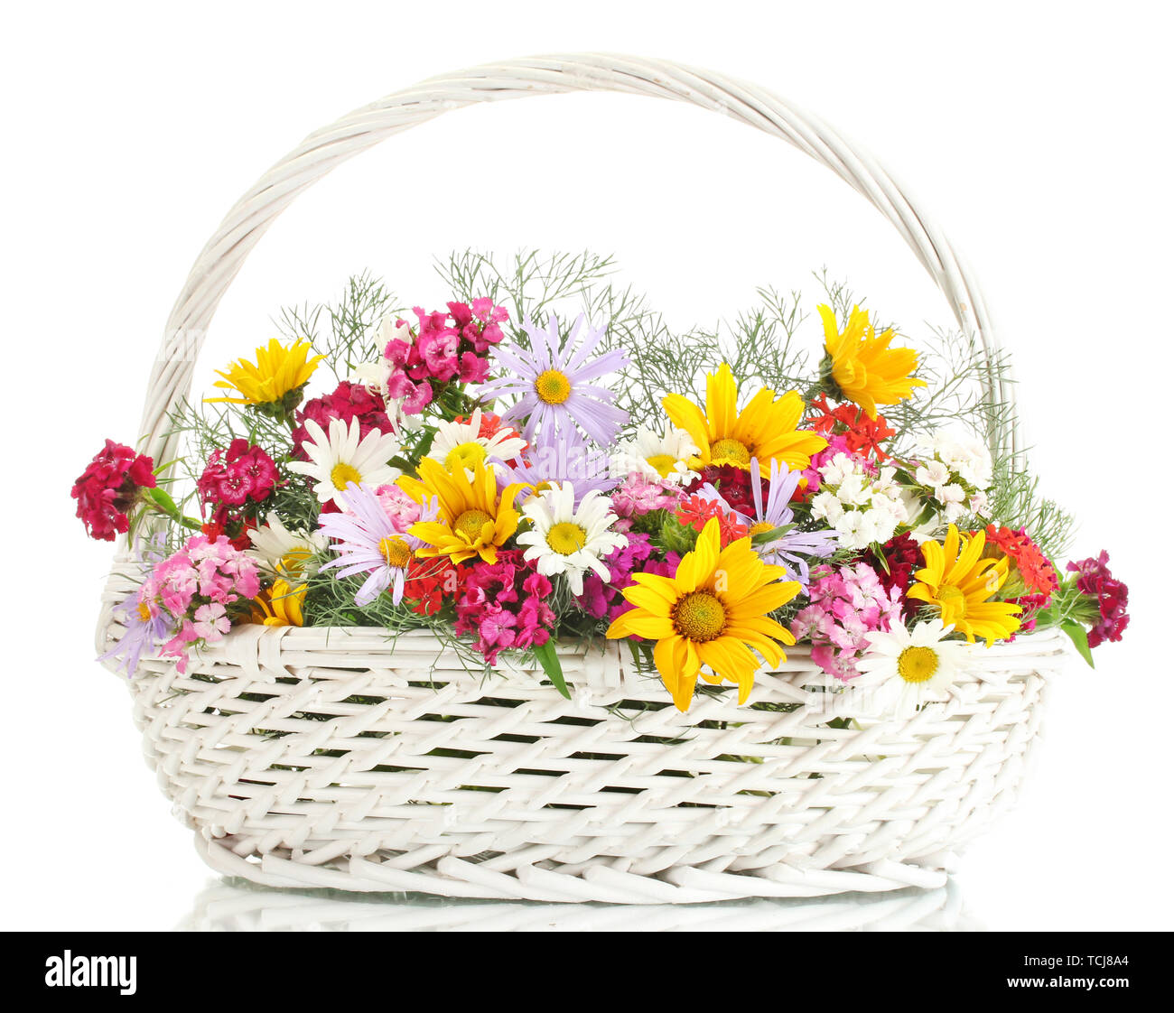 beautiful bouquet of bright wildflowers in basket, isolated on white ...