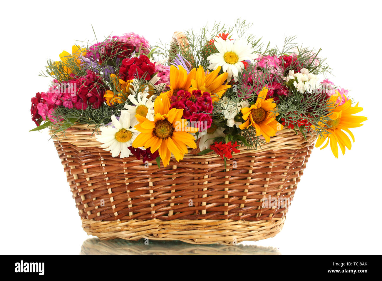 beautiful bouquet of bright wildflowers in basket, isolated on white ...