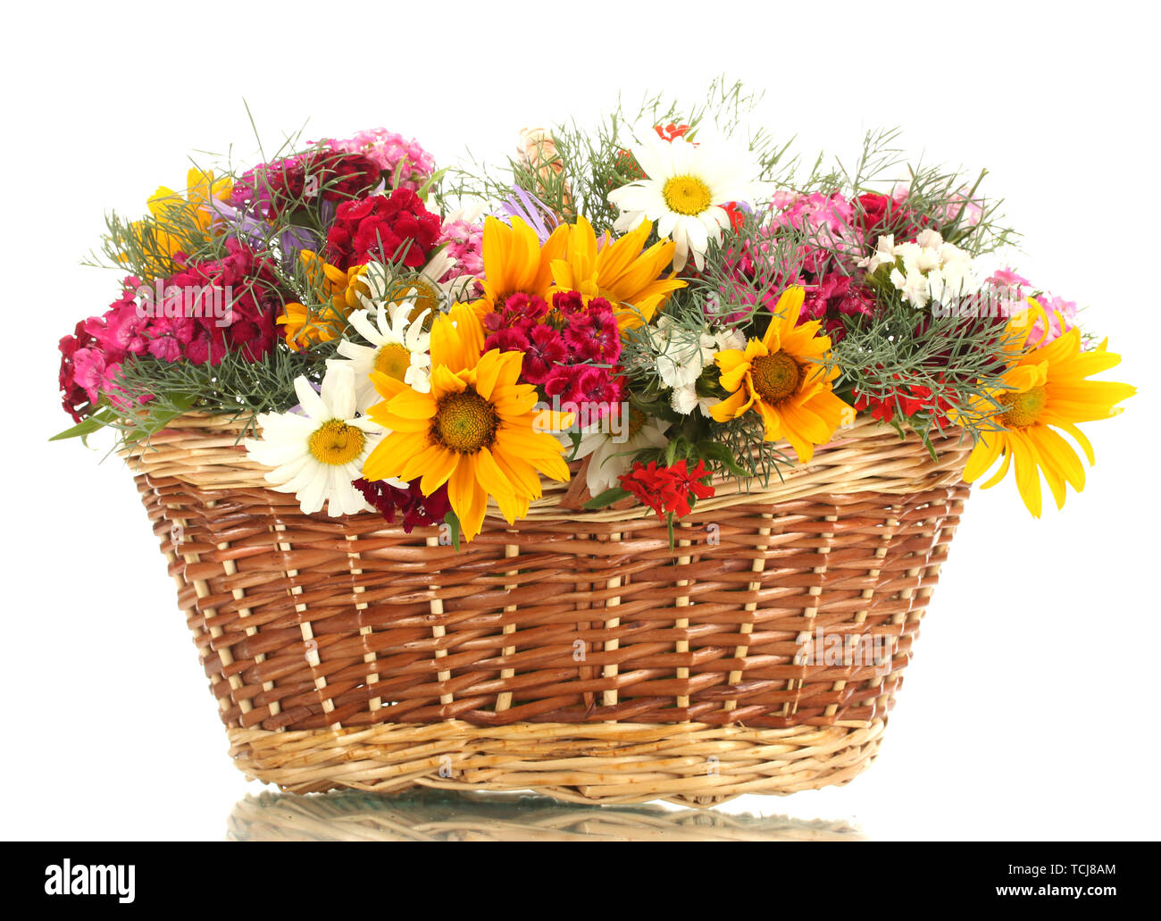 beautiful bouquet of bright wildflowers in basket, isolated on white ...