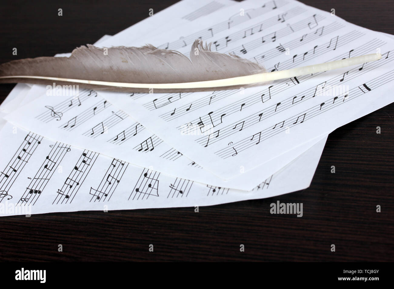 Musical notes and feather on wooden table Stock Photo - Alamy