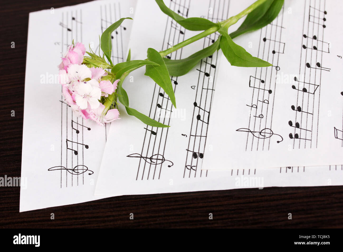Musical notes and flower on wooden table Stock Photo - Alamy
