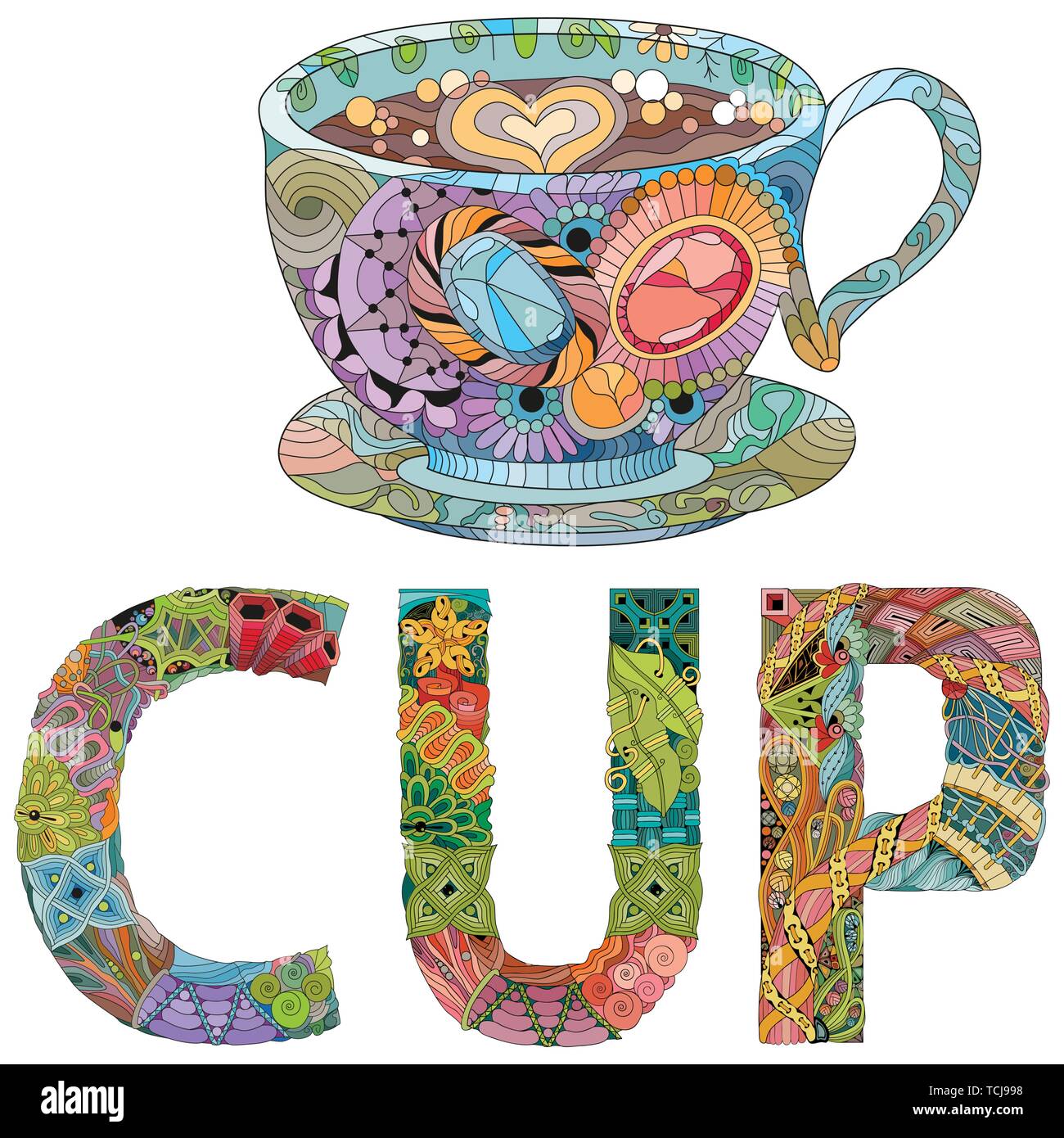 Hand-painted art design. Hand drawn illustration word CUP with cup ...