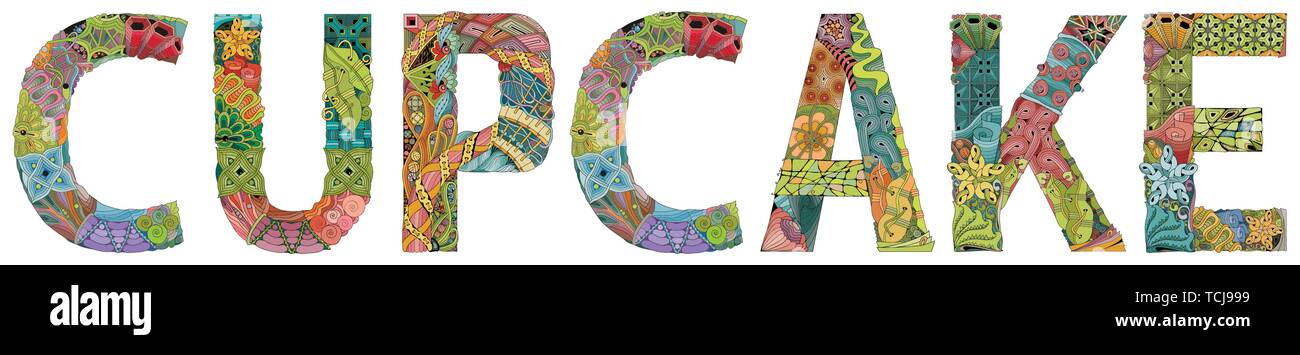 Hand-painted art design. Hand drawn illustration word CUPCAKE for t ...