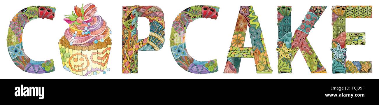 Hand-painted art design. Hand drawn illustration word CUPCAKE with ...